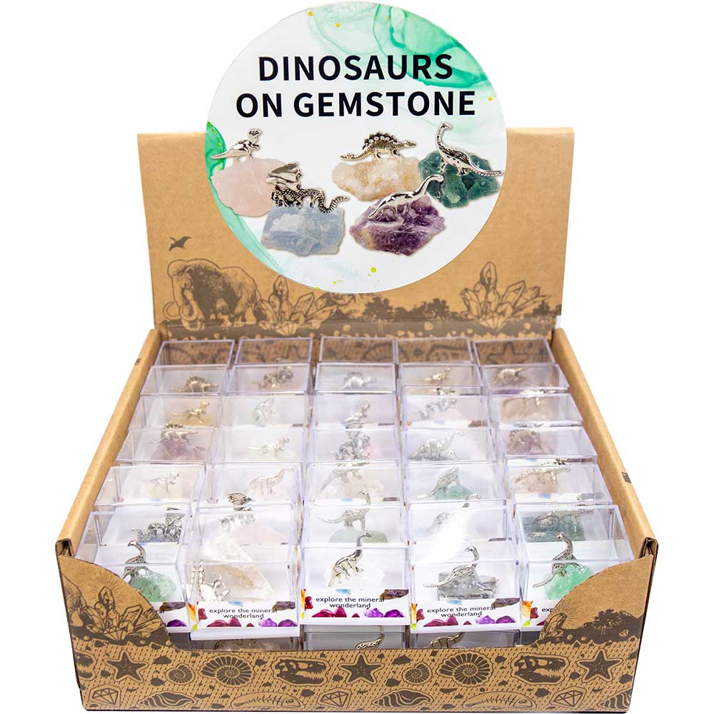 Gemstone Crystal Chunk w/ Asst'd Dinosaurs in Acrylic Box (Display of ...