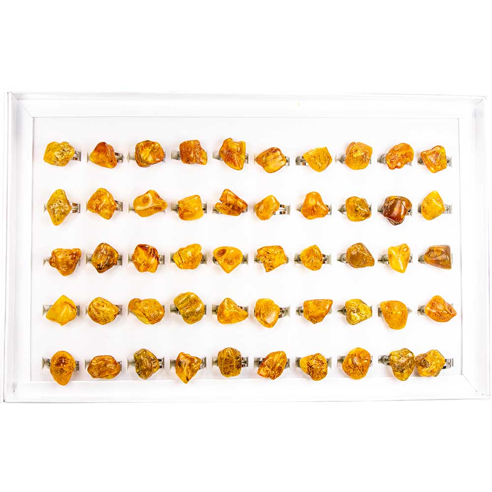 Gemstone Adjustable Tumbled Natural Stone Rings - Amber (50 Piece Tray ...